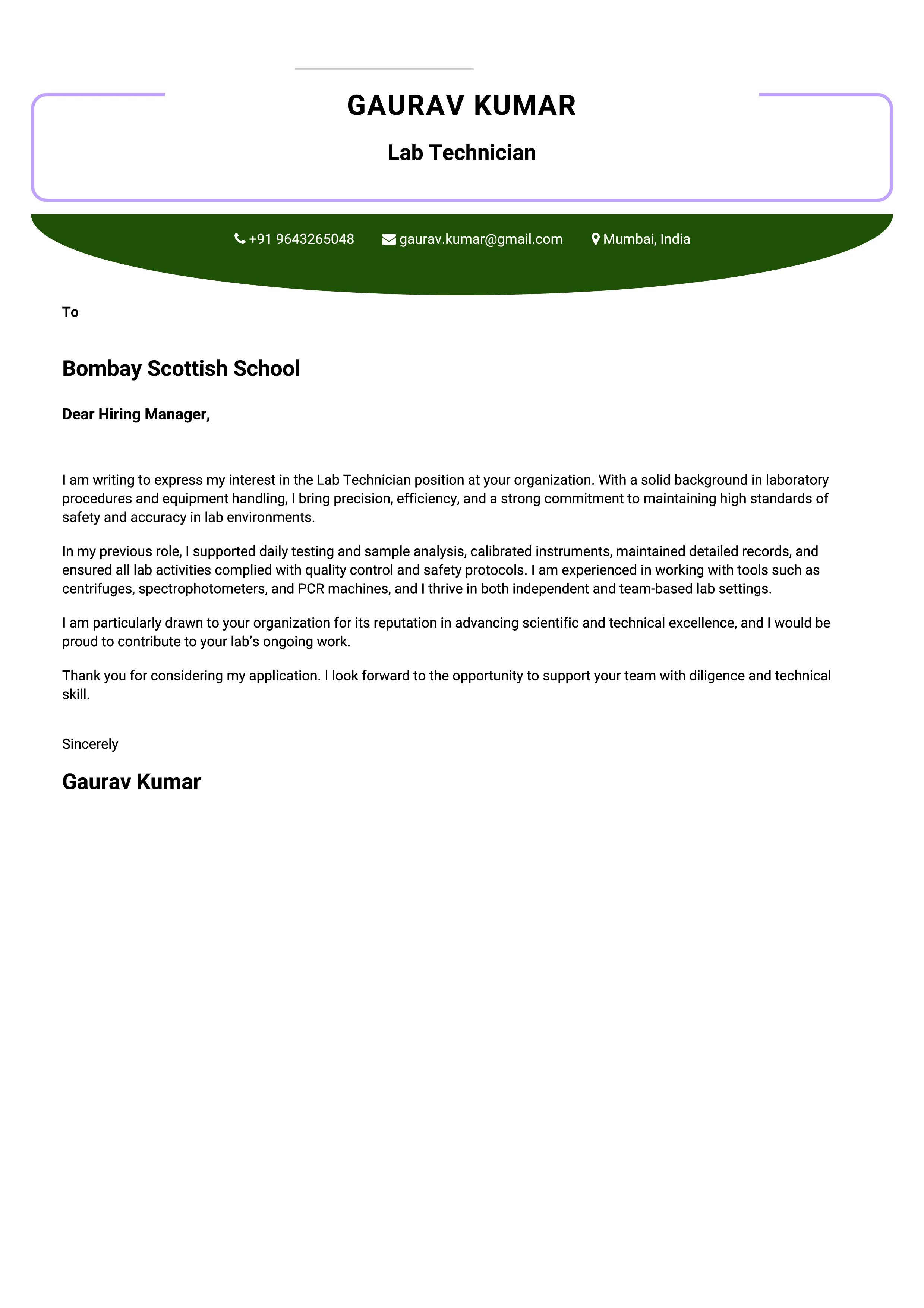 Lab Technician Cover Letter Sample & Tips