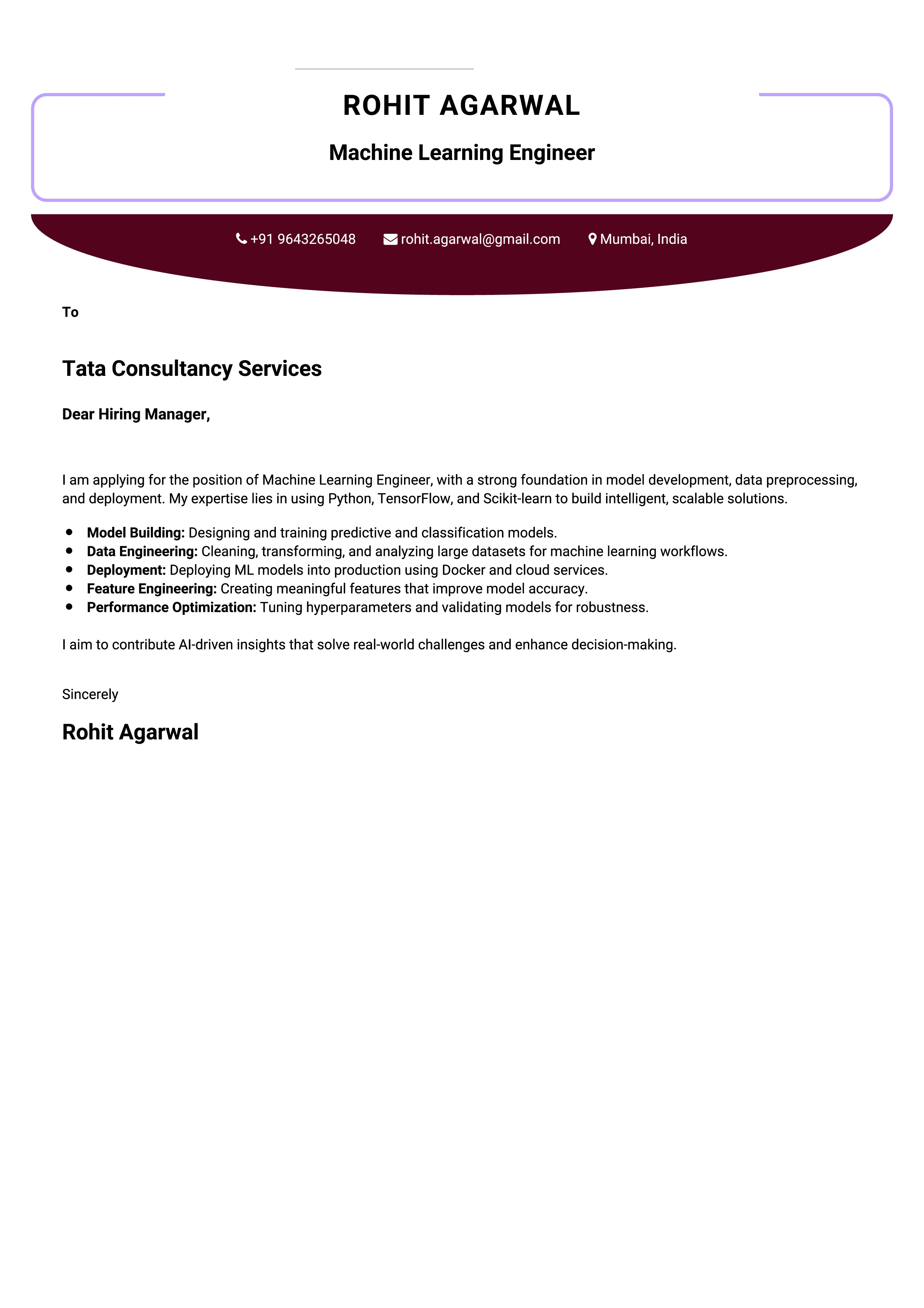 Machine Learning Engineer Cover Letter Sample & Tips